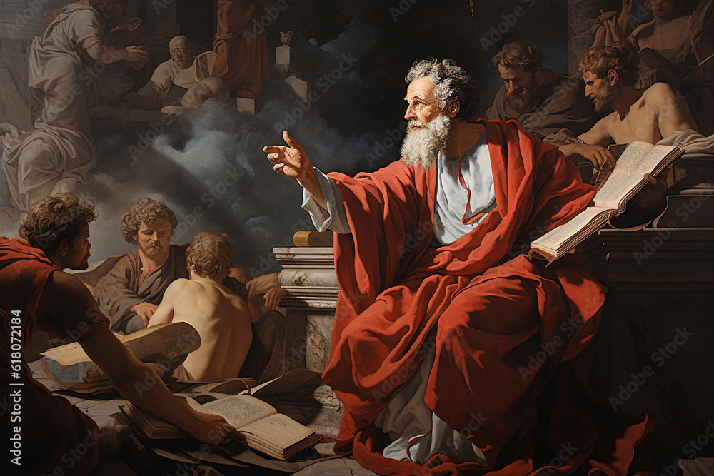 A mural depicting Zeno of Citium, the founder of Stoicism, engaged in ...