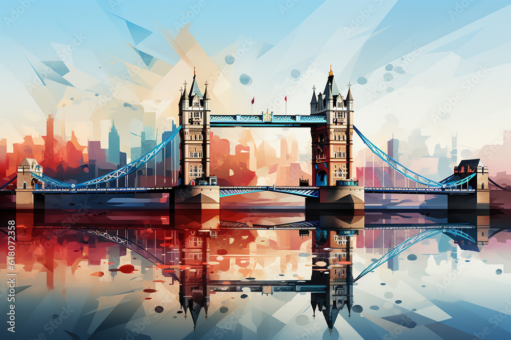 Tower Bridge, employing clean lines, simplified forms, and a limited ...