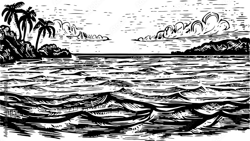 Vector engraving portraying a scenic coastal view with palm trees along ...