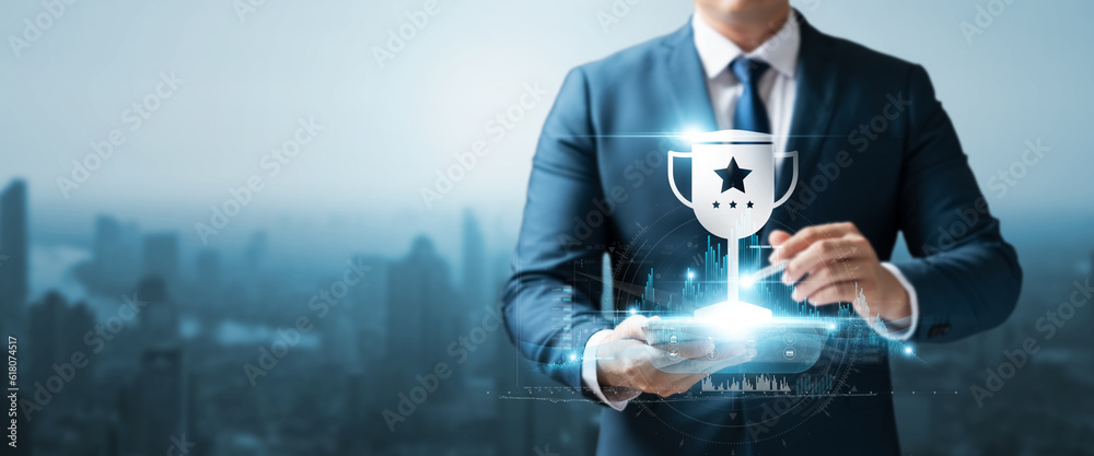Business goal success concept, businessman holding symbol of digital ...
