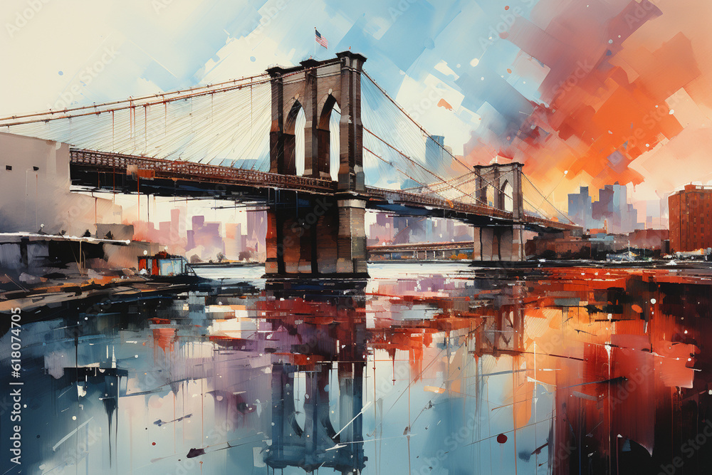 Brooklyn Bridge, combining geometric cutouts, textured papers, and ...