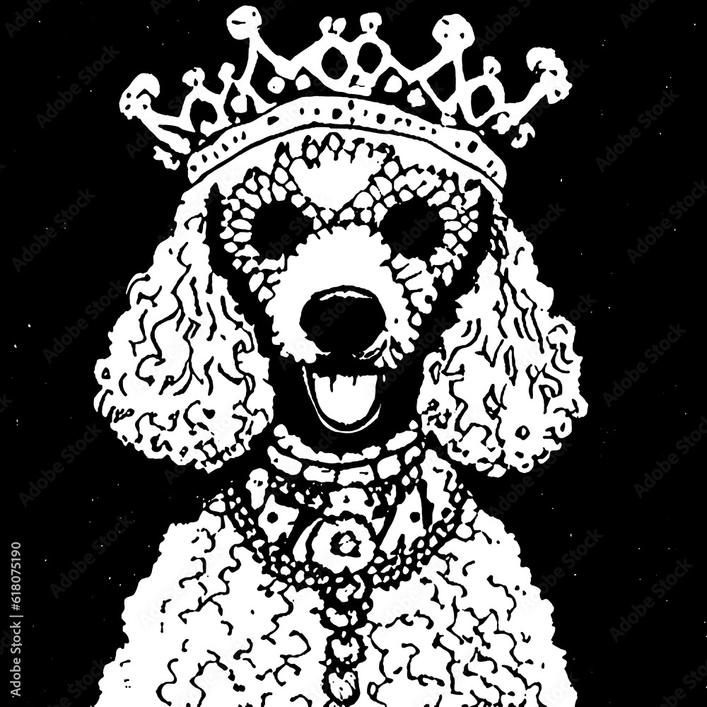 Poodle Dog wear a crown line drawing black and white Stock Illustration ...