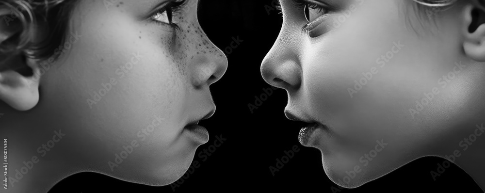 Face to face; eye level; Two boys competition in black and white, left ...