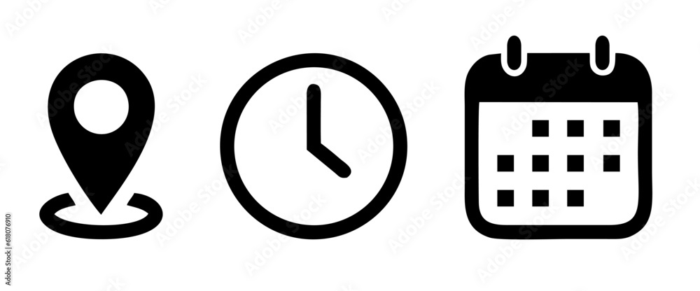 Address. time, and date icon vector. Event elements isolated on transparent background. Black ...