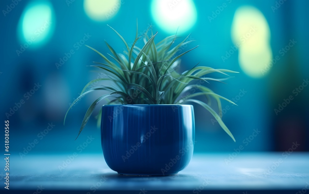 small plants pot on table, home decor, blurred blue background, bright ...
