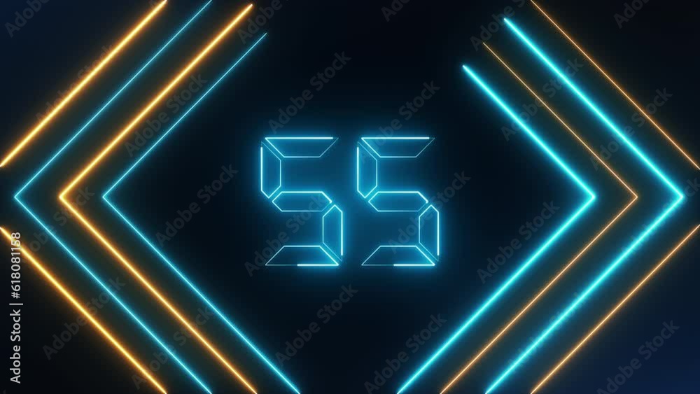 Digital neon countdown clock timer in one minute or 60 seconds to zero ...