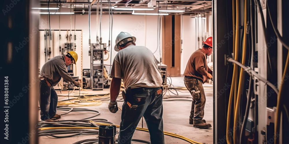 construction workers installing electrical systems and wiring in a ...