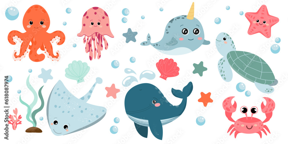 Set of sea and ocean underwater animals. Cute fish and wild marine ...