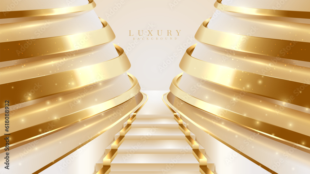 Luxury background with gold stairs corridor and glitter light effect ...