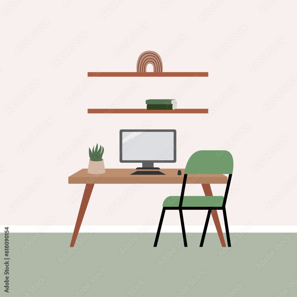Interior of the office room. Vector flat illustration of work desk with ...