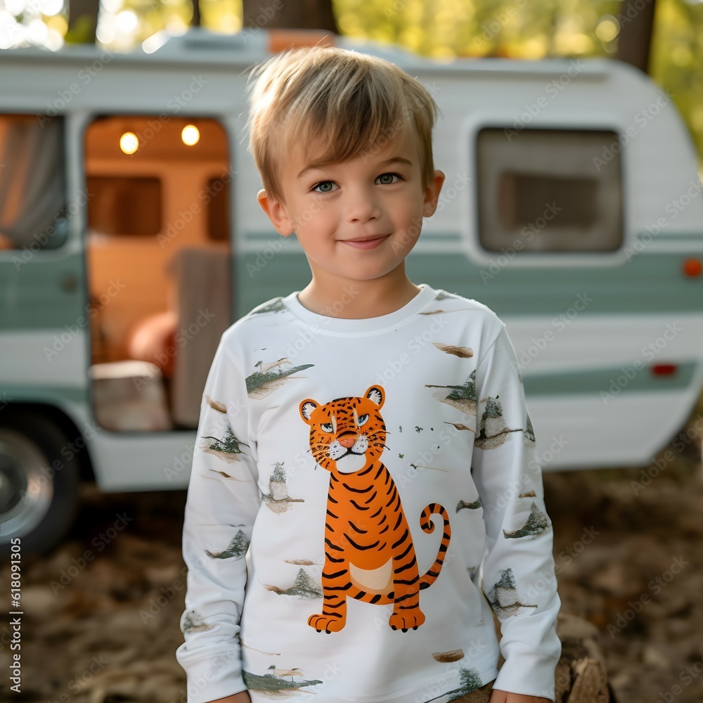 1-8 year old boy, wearing a white long-sleeved shirt, with a print of a ...