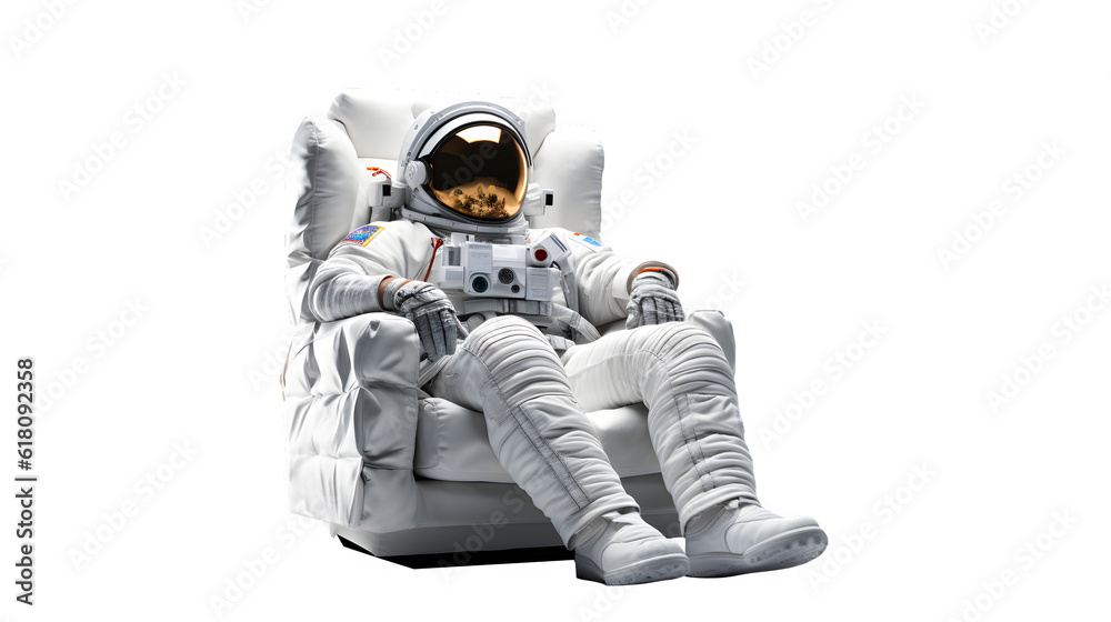 Astronaut sitting in a leather chair, spaceman rest, isolated on white ...