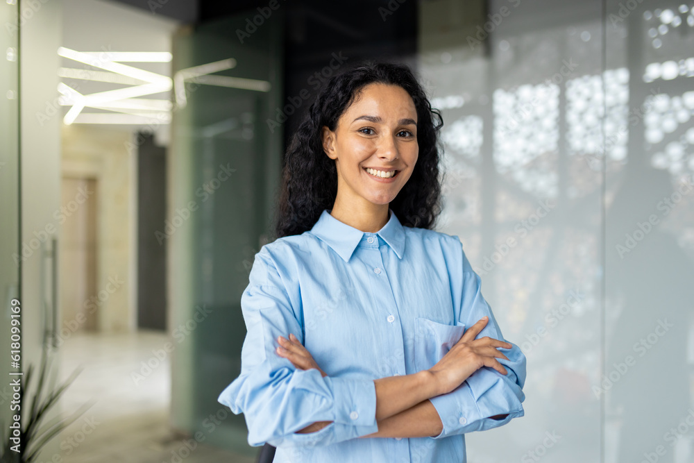 Portrait of happy and successful business woman, boss in shirt smiling ...