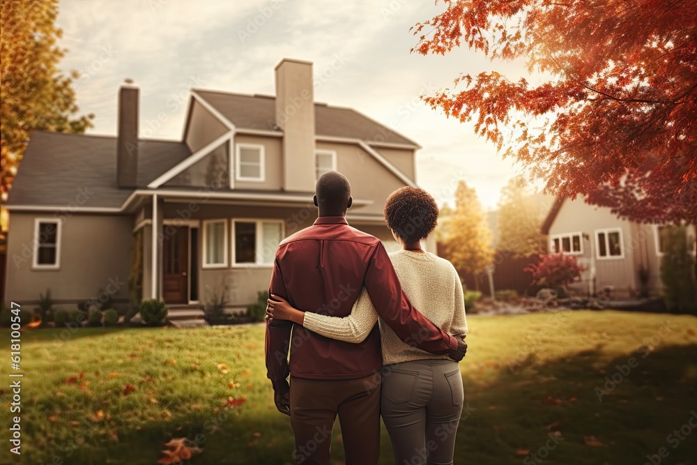 Happy homeowners. Loving couple African American embracing in front of ...