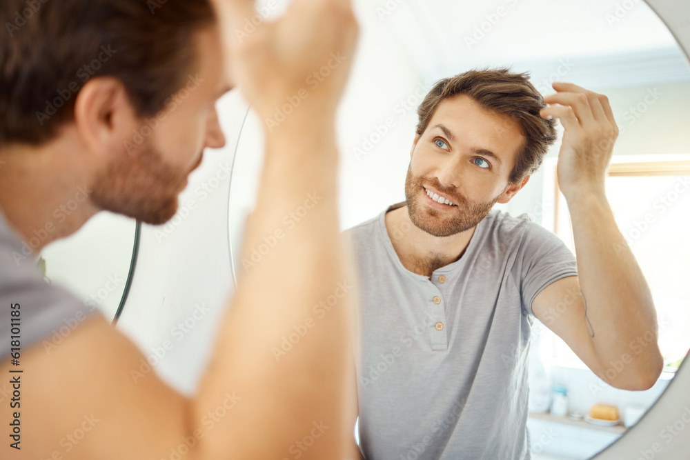 Bathroom, mirror reflection and happy man with hair care routine for ...
