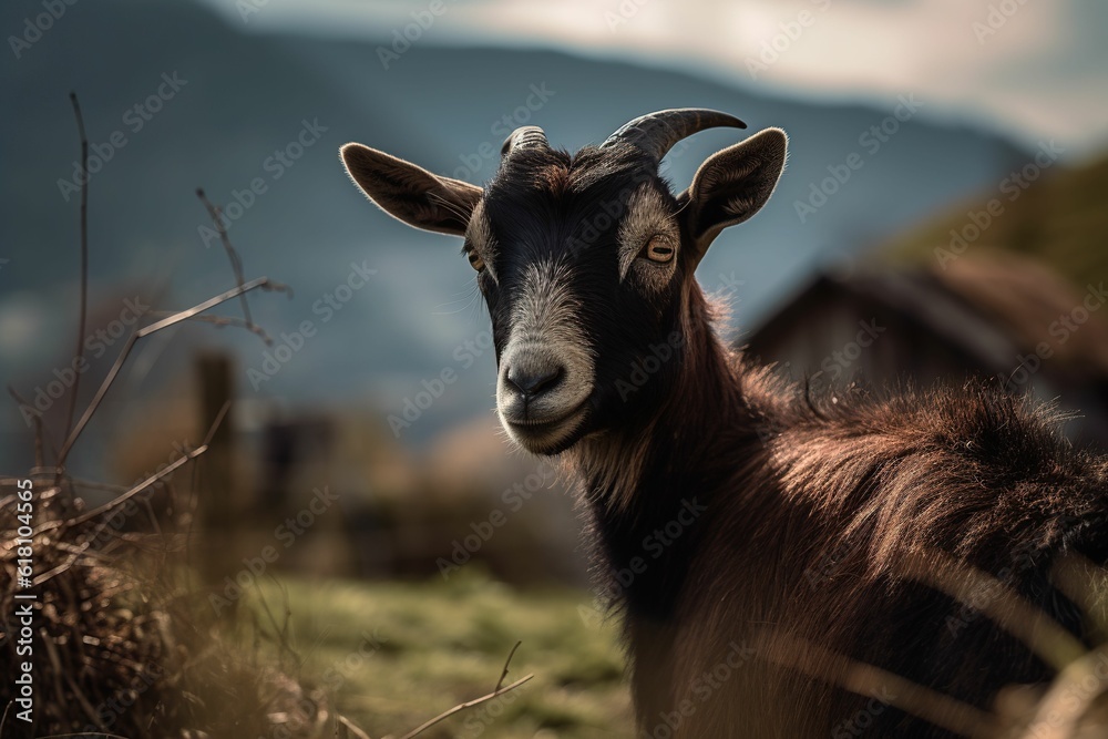 African Indigenous pygmy goat with curved horns in a lush field Stock ...
