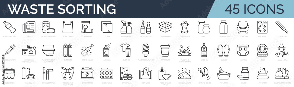 Set of 45 outline icons related to waste sorting, recycling. Linear ...