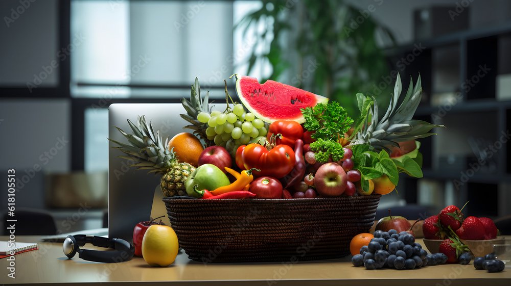 Basket of fruit, in office, at work, fresh fruit and veggies, woven ...