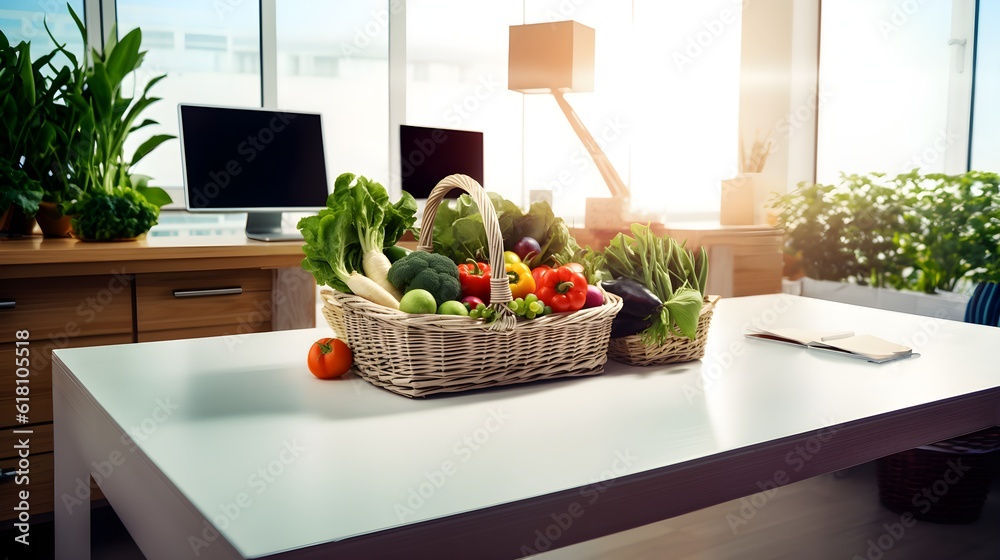Basket of fruit, in office, at work, fresh fruit and veggies, woven ...