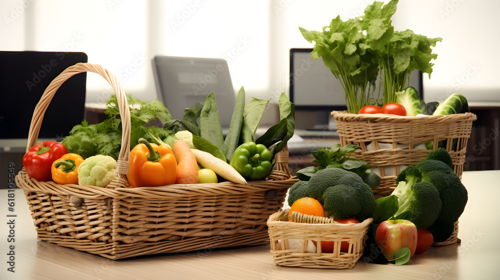 Basket of fruit, in office, at work, fresh fruit and veggies, woven ...