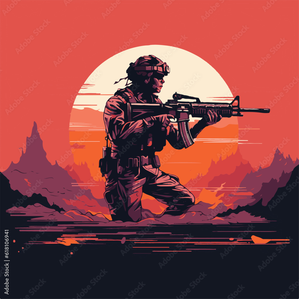 Warrior in warzone. Army with his gun, firing towards enemy. Soldier ...