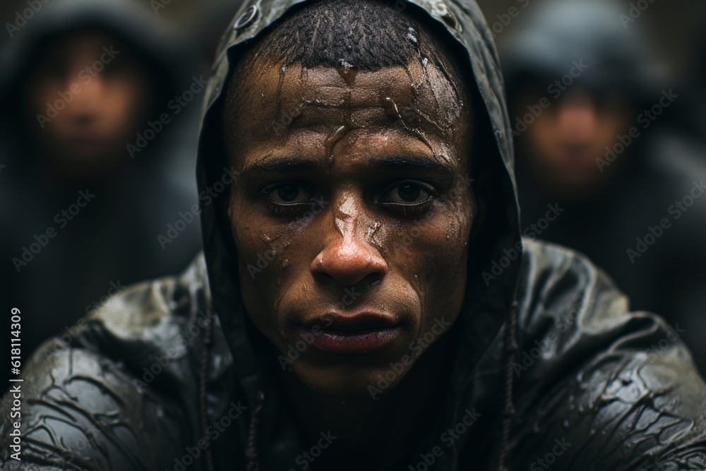 A military soldier or officer in handcuffs and chains against a dark ...