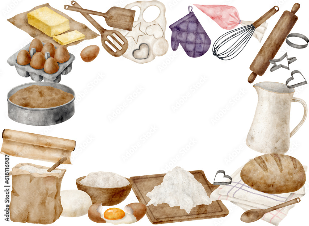 Watercolor baking border frame. Cooking tools and ingredients ...