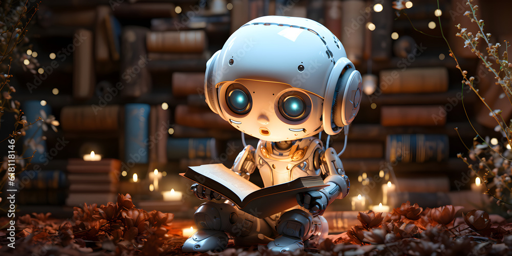 Cute robot reading a book in the library, cartoon style, artificial ...
