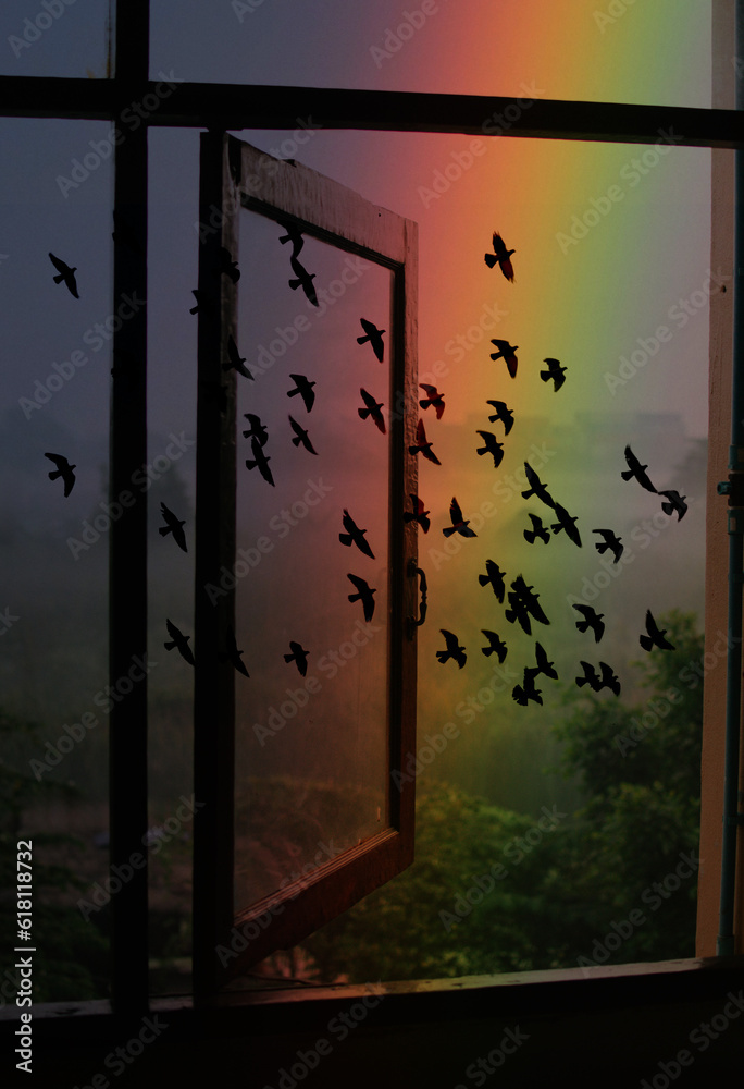 surrealism art with a rainbow and a flock of birds in the foggy window ...