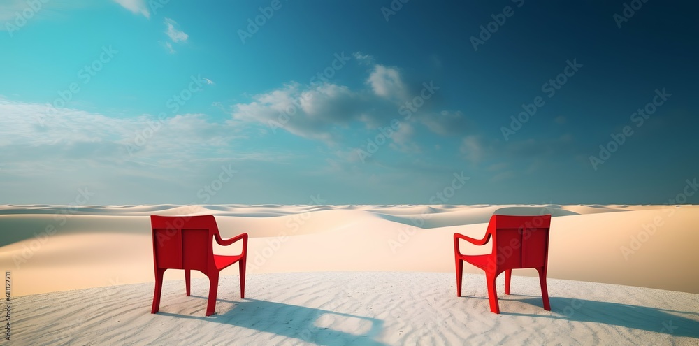 two chairs are sitting on the sandy beach, in the style of bess hamiti ...
