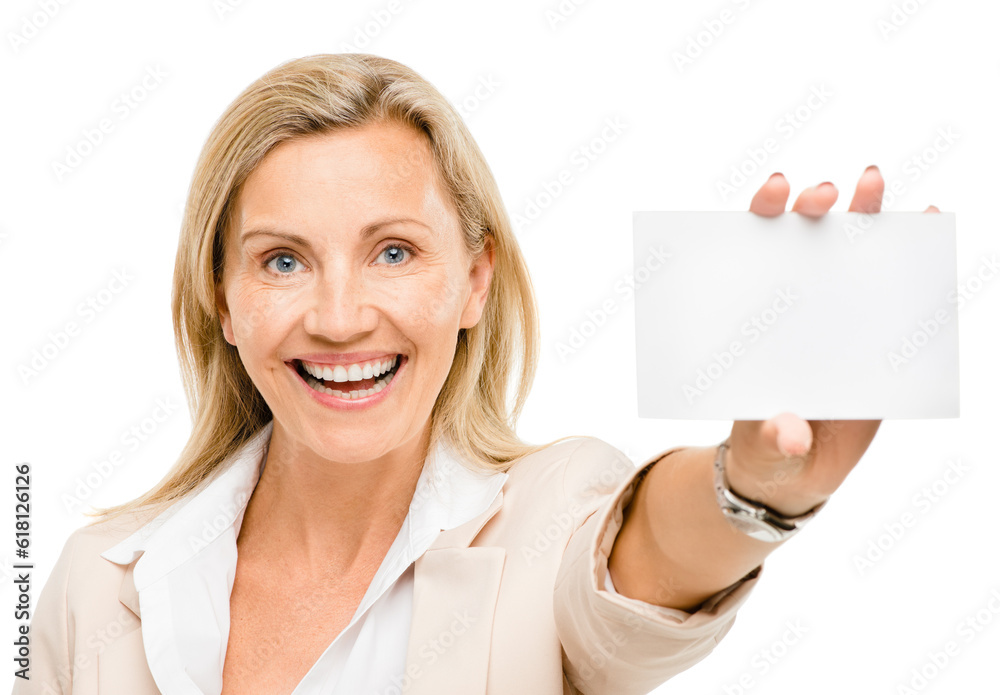 Happy woman, portrait and business card for advertising, sign or mockup ...