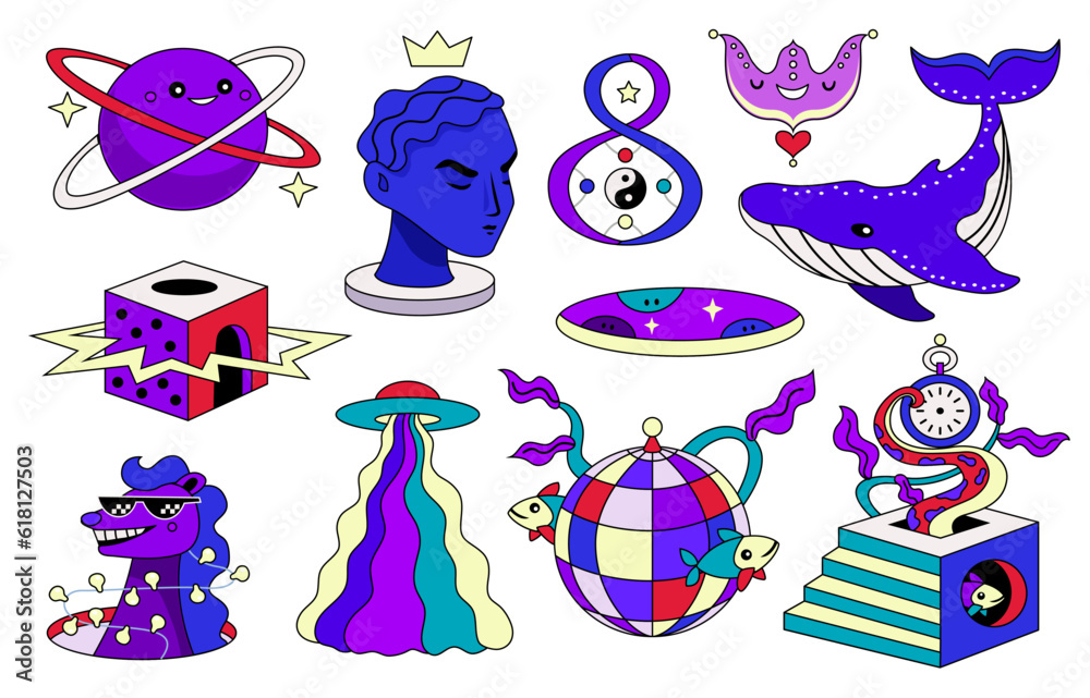 Groovy retro sticker pack of funny characters, animals and surreal ...