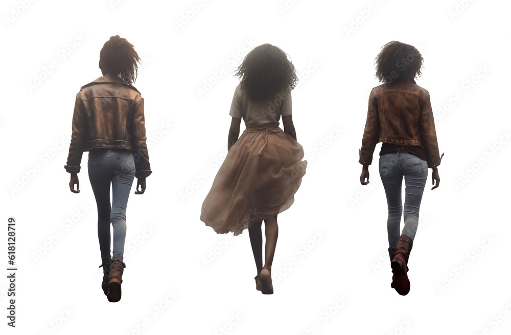 set of African-american teen girls. walking away. rear view. back view ...
