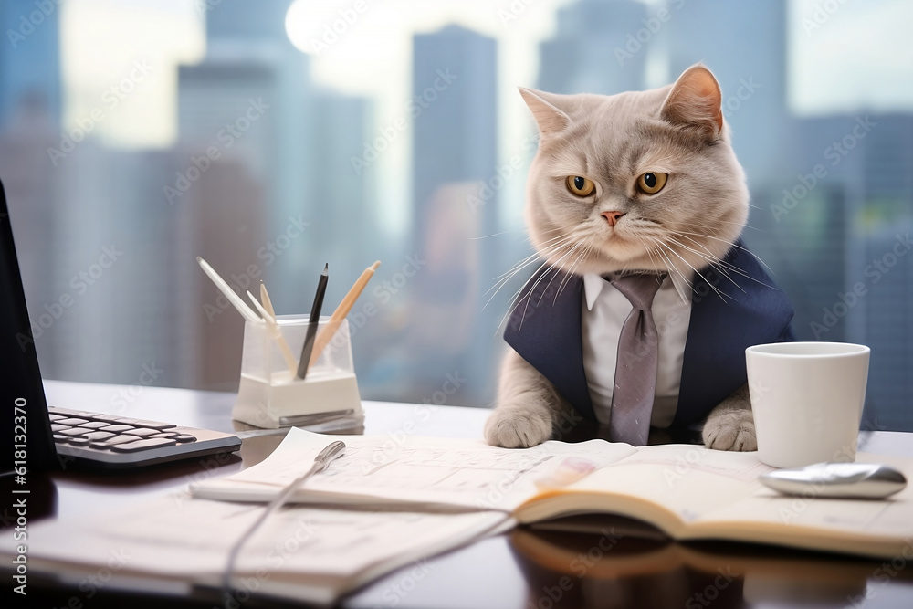 A cute kitten in office attire works on spreadsheets, in a modern ...