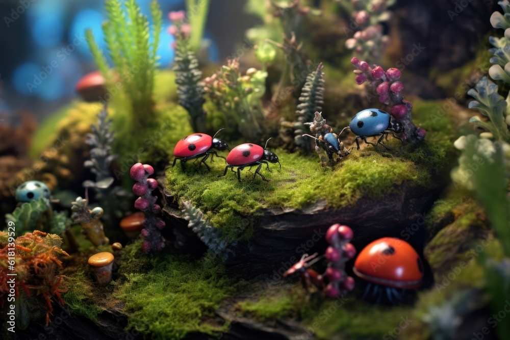 microscopic natural landscape with beautiful plants, moss, lichens and ...