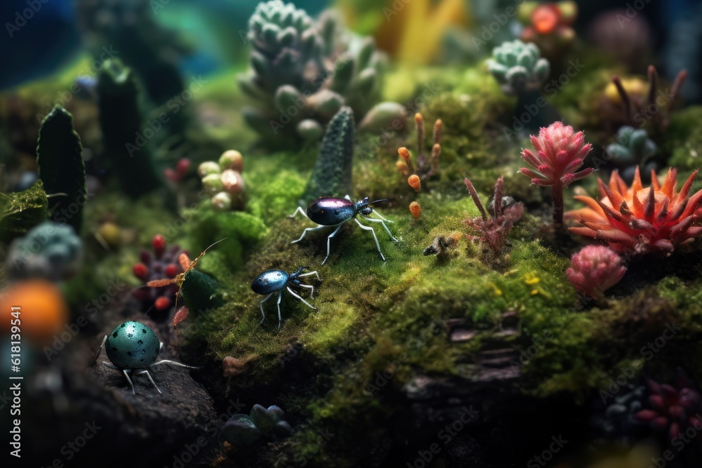 microscopic natural landscape with beautiful plants, moss, lichens and ...