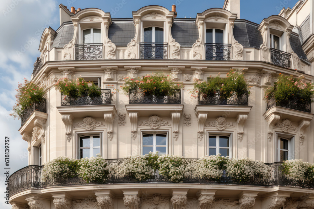 Façade d'un immeuble parisien, de type Haussmannien avec des balcons ...