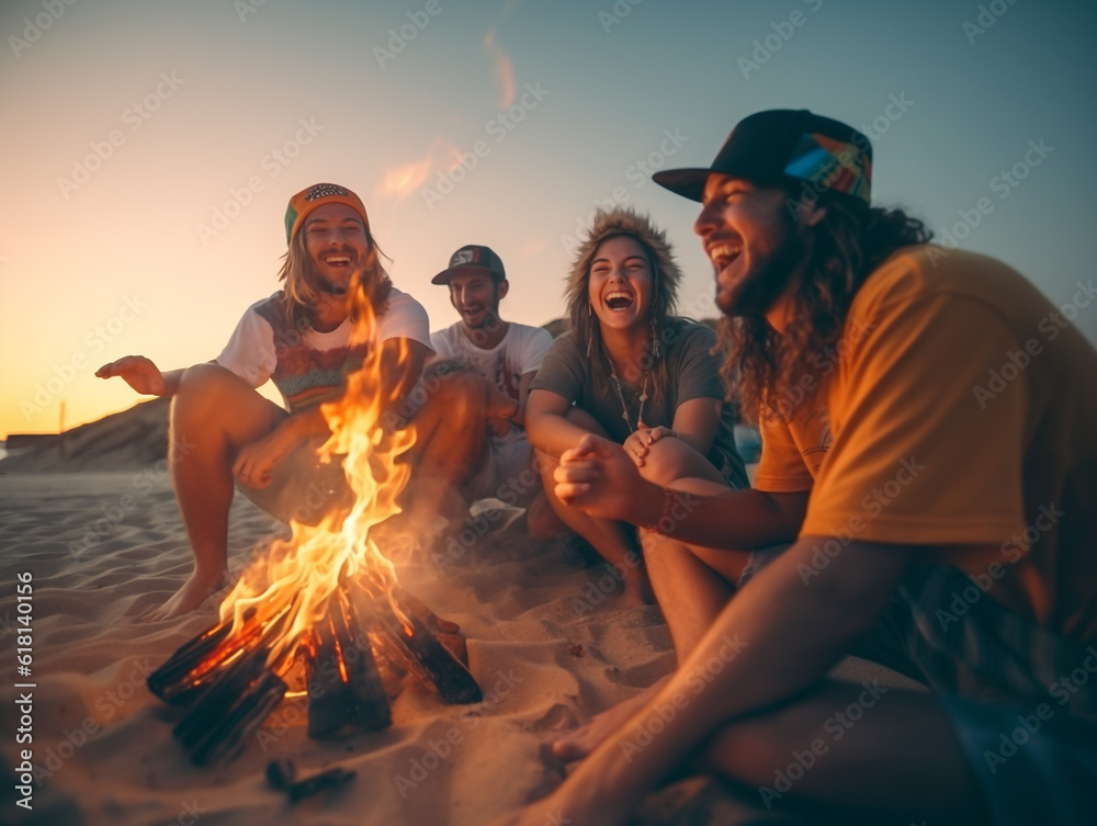 Fête d'été entre amis autour d'un feu de camp à la plage ilustração do ... Fête d'été entre amis autour d'un feu de camp à la plage ilustração do ...