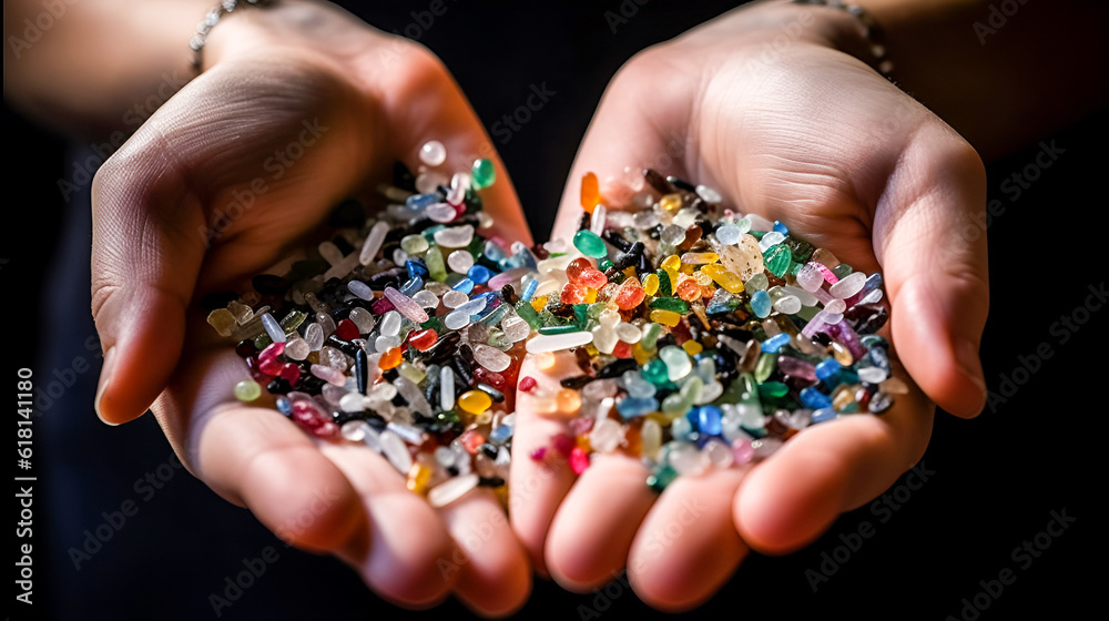 human hands hold a handful of small multi-colored particles of plastic ...