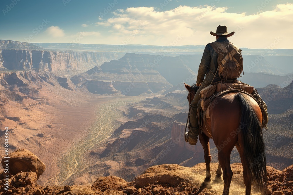 Landscape with cowboy on horse, canions in background, old west concept ...