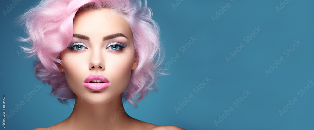 Portrait of beautiful model with pink blue hair for an advertisement ...