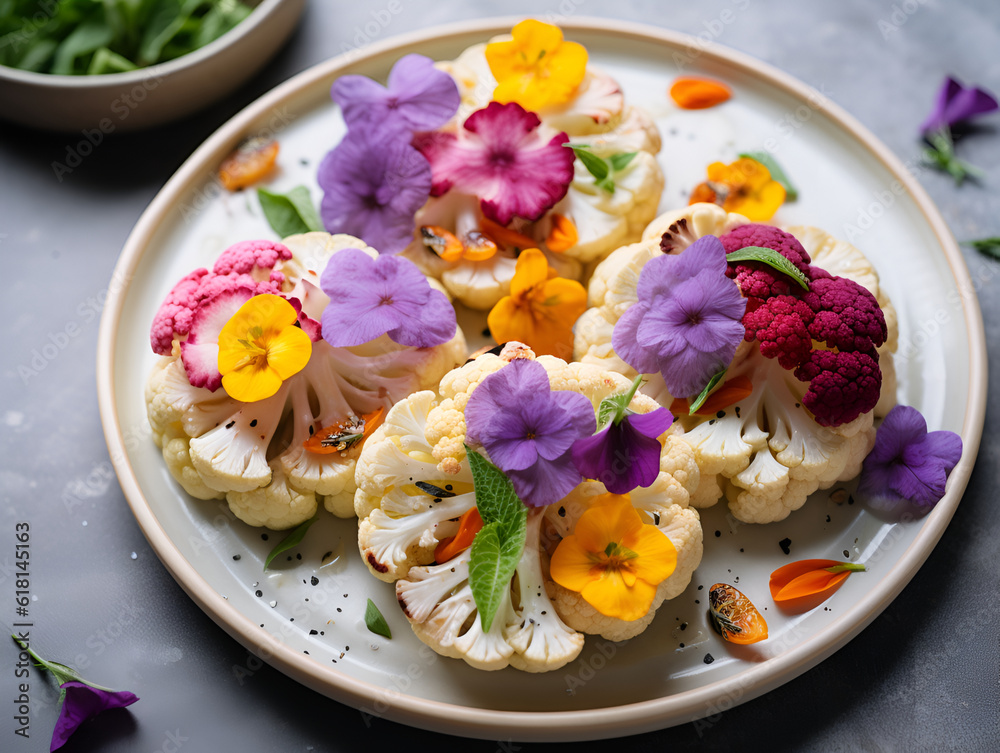Raw cauliflower steaks with edible flowers and herbs on white plate ...