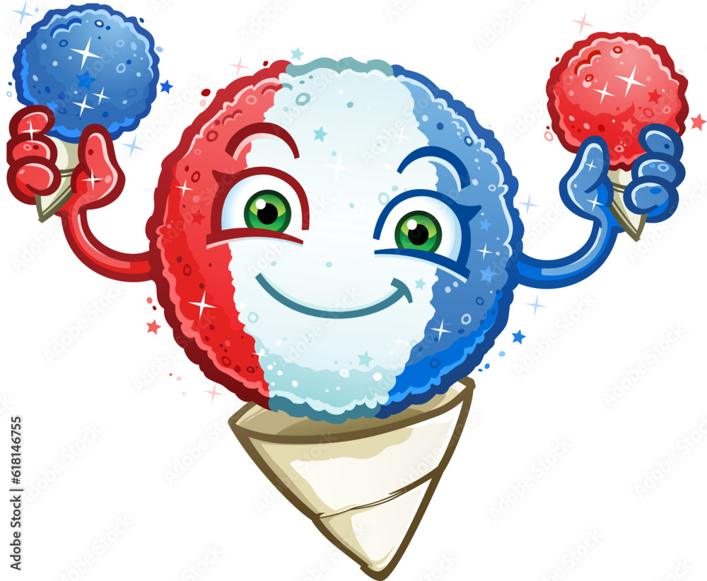 Red white and blue snow cone cartoon character holding cherry and blue ...
