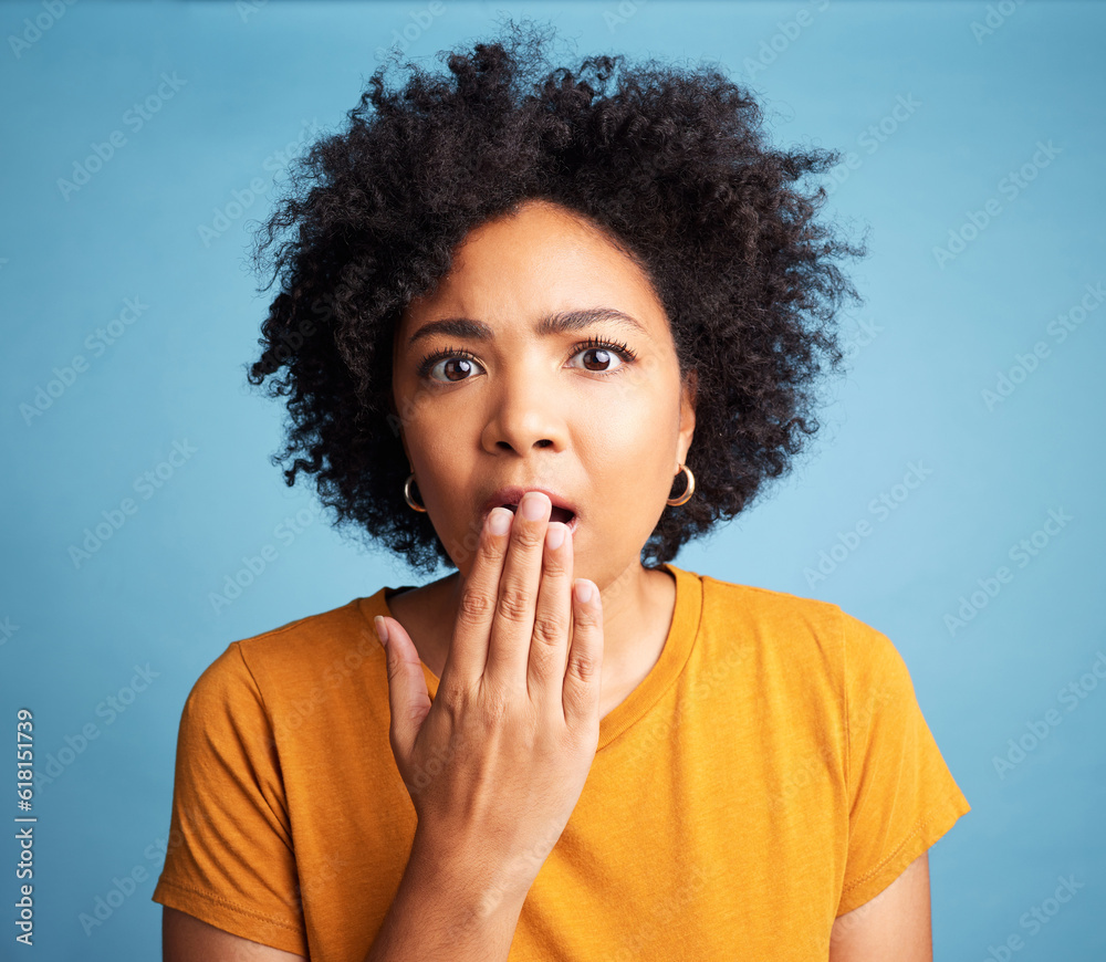 Surprise, portrait and emoji with woman and expression, shocking news ...