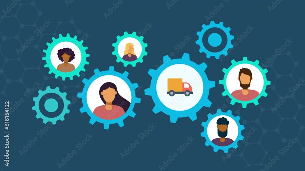 delivery car with gears concept animation.people team with gears ...