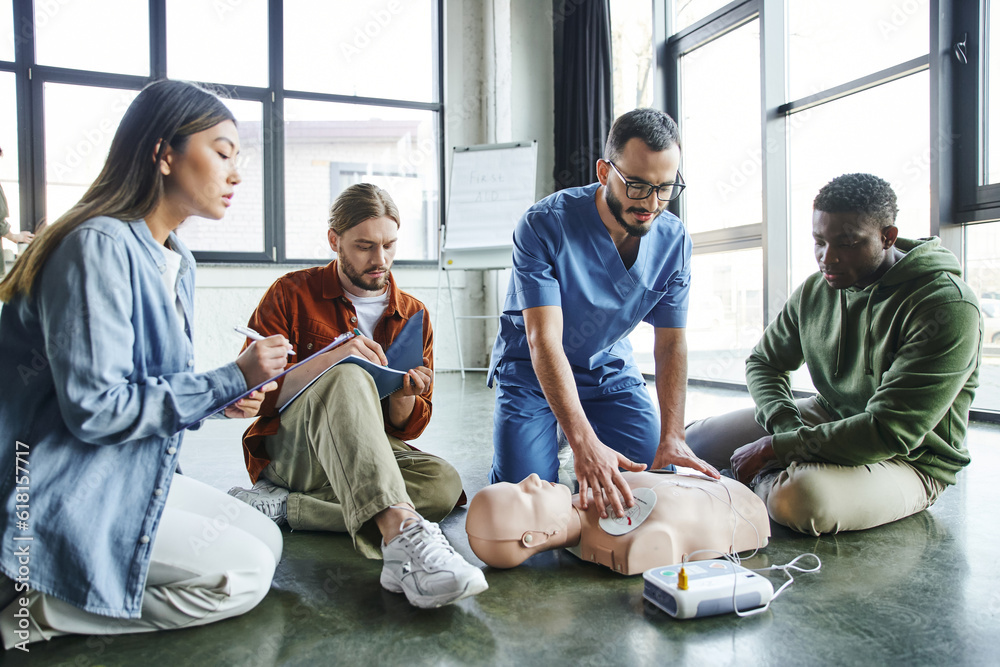 cardiac resuscitation skills, healthcare worker applying defibrillator ...