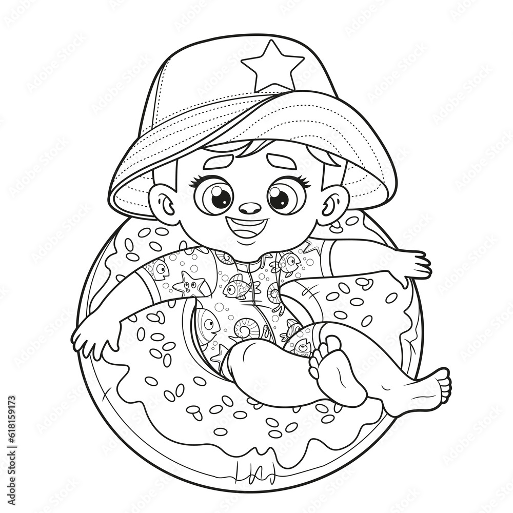 Cute cartoon boy in a swimsuit and panama lies in an inflatable circle ...