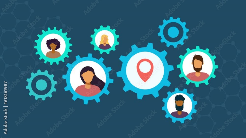 Map pin with gears concept animation.people team with gears rotating ...