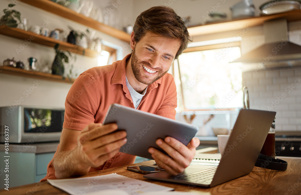 Foto de Technology, happy man with tablet and laptop for remote work in ...