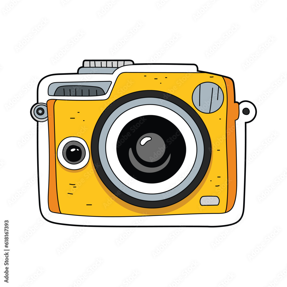 Camera illustration, hand drawn yellow camera doodle drawing, cartoon ...